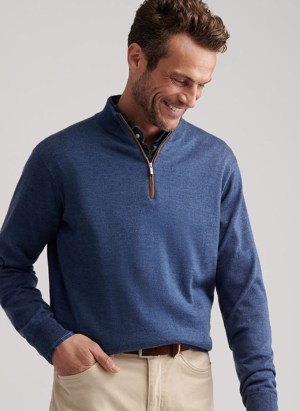 PETER MILLAR AUTUMN CREST SUEDE TRIM 1/4 ZIP SWEATER - BLUE HAZE ...