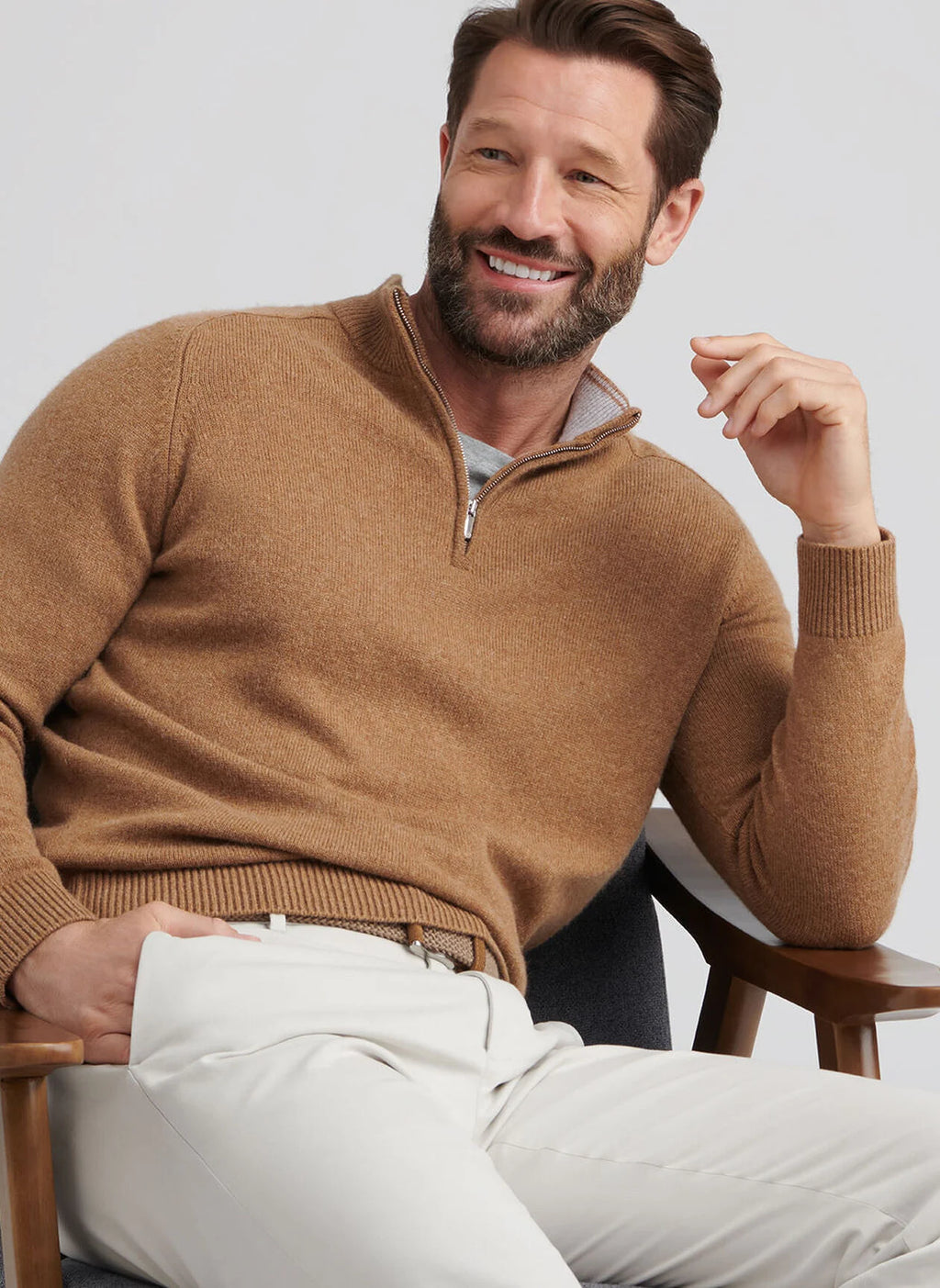 PETER MILLAR CRESCENT WAFFLE 1/4 ZIP SWEATER - BRITISH TAN – Button Down SF