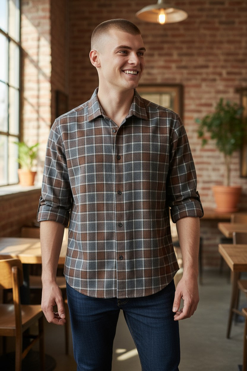 MAURIZIO BALDASSARI COTTON/CASHMERE SHIRT - BROWN/GREY/GREEN CHECK ...