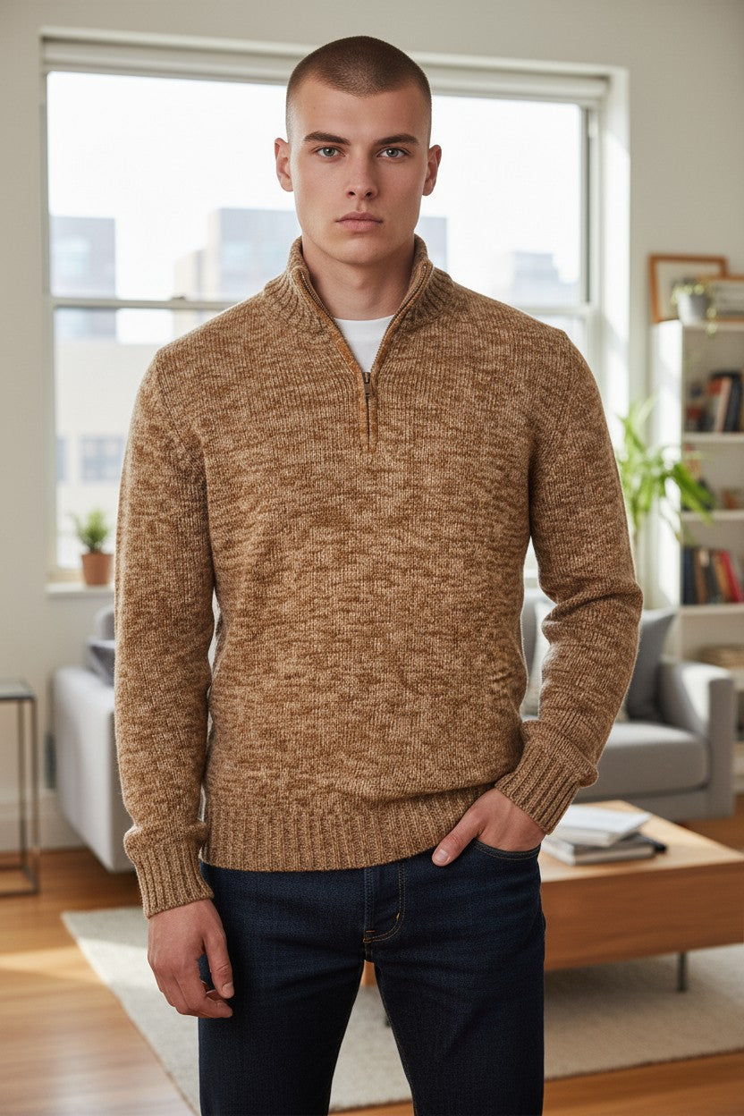 SETTEFILI CASHMERE - 4 PLY QUARTER ZIP MEN'S SWEATER - BROWN/GREY MIX ...